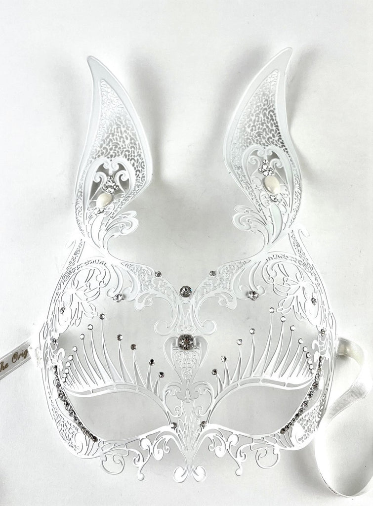 Venetian Mask Laser Cut Metal – Elegant Rabbit White – Visions of Venice